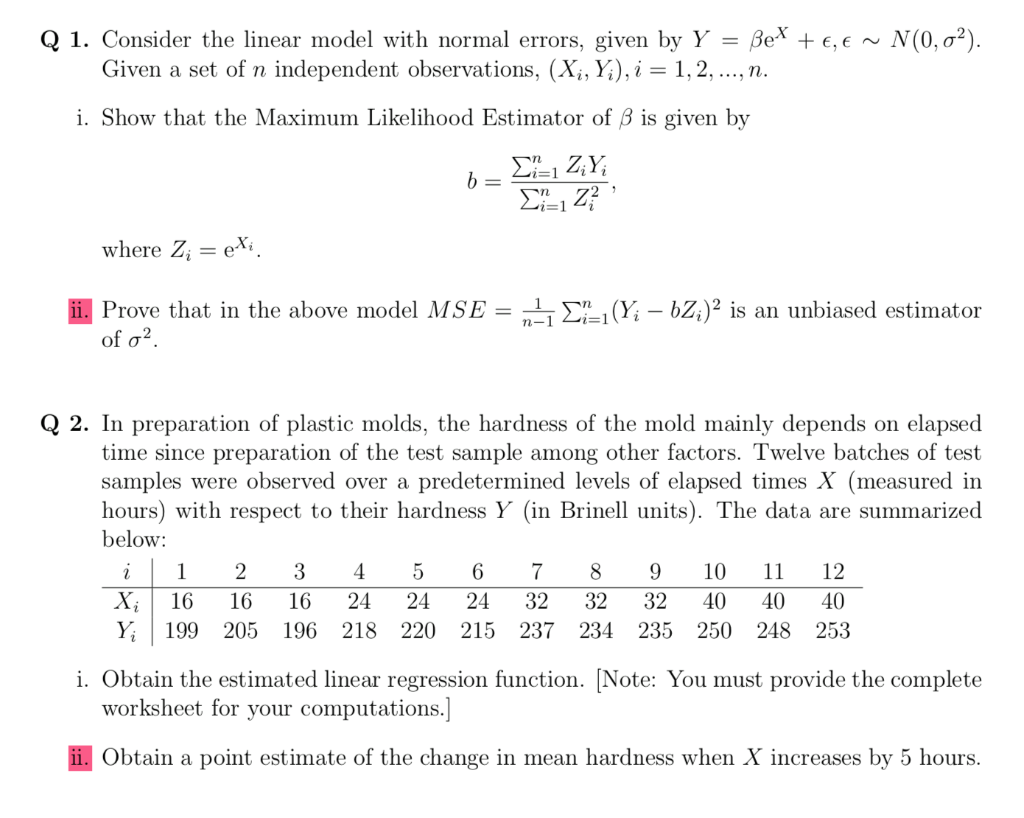 Solved Q 1 Consider The Linear Model With Normal Errors 