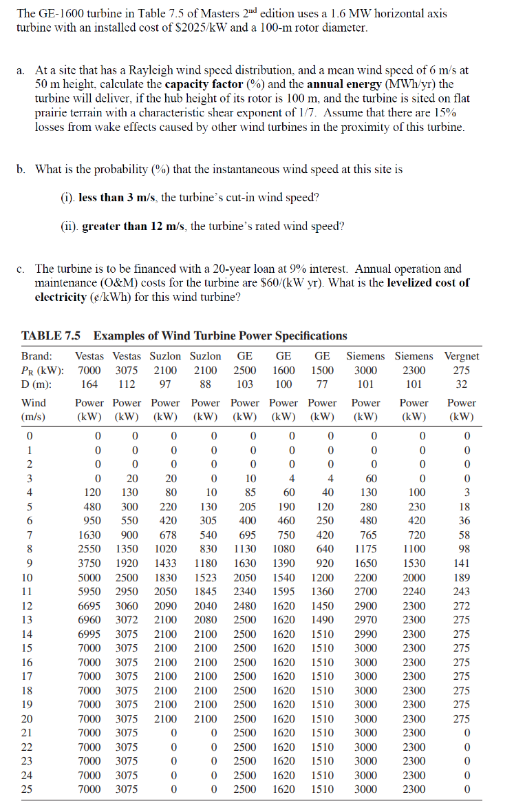 Solved The GE-1600 ﻿turbine in Table 7.5 ﻿of Masters 2nd | Chegg.com
