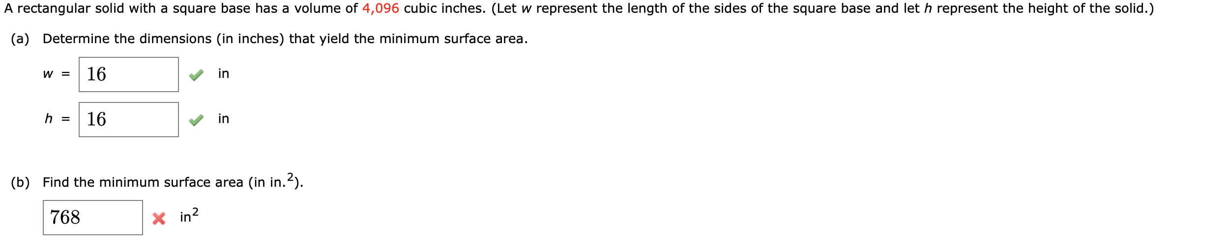 Solved A rectangular solid with a square base has a volume | Chegg.com