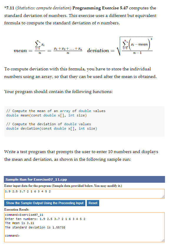 Solved *7.11 (Statistics: compute deviation) Programming | Chegg.com