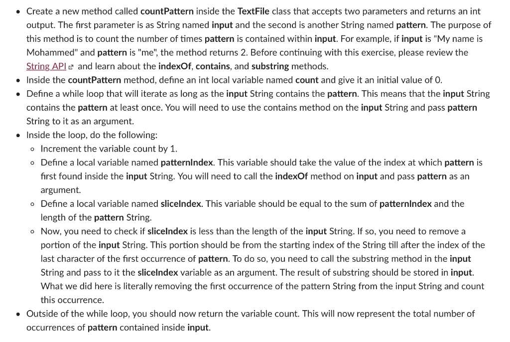 Solved • Create a new method called count Pattern inside the | Chegg.com