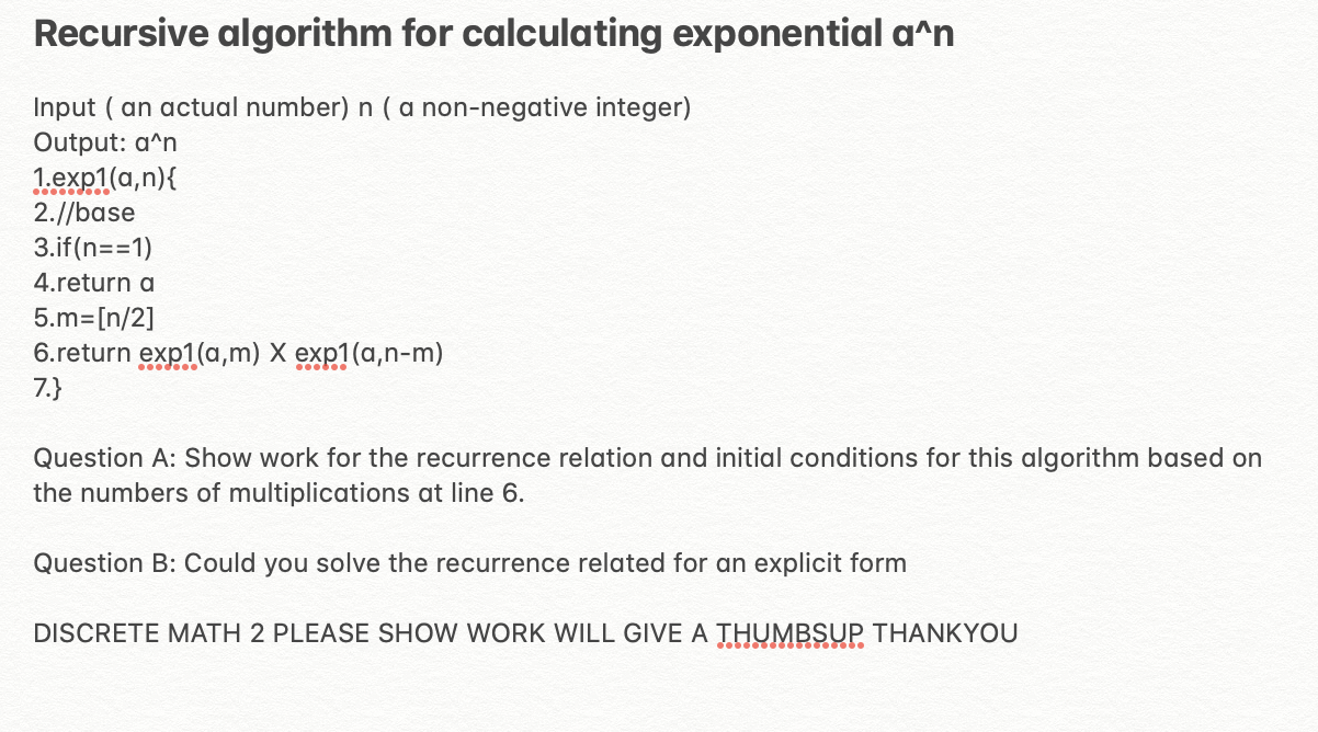 Recursive algorithm for calculating exponential a'n | Chegg.com