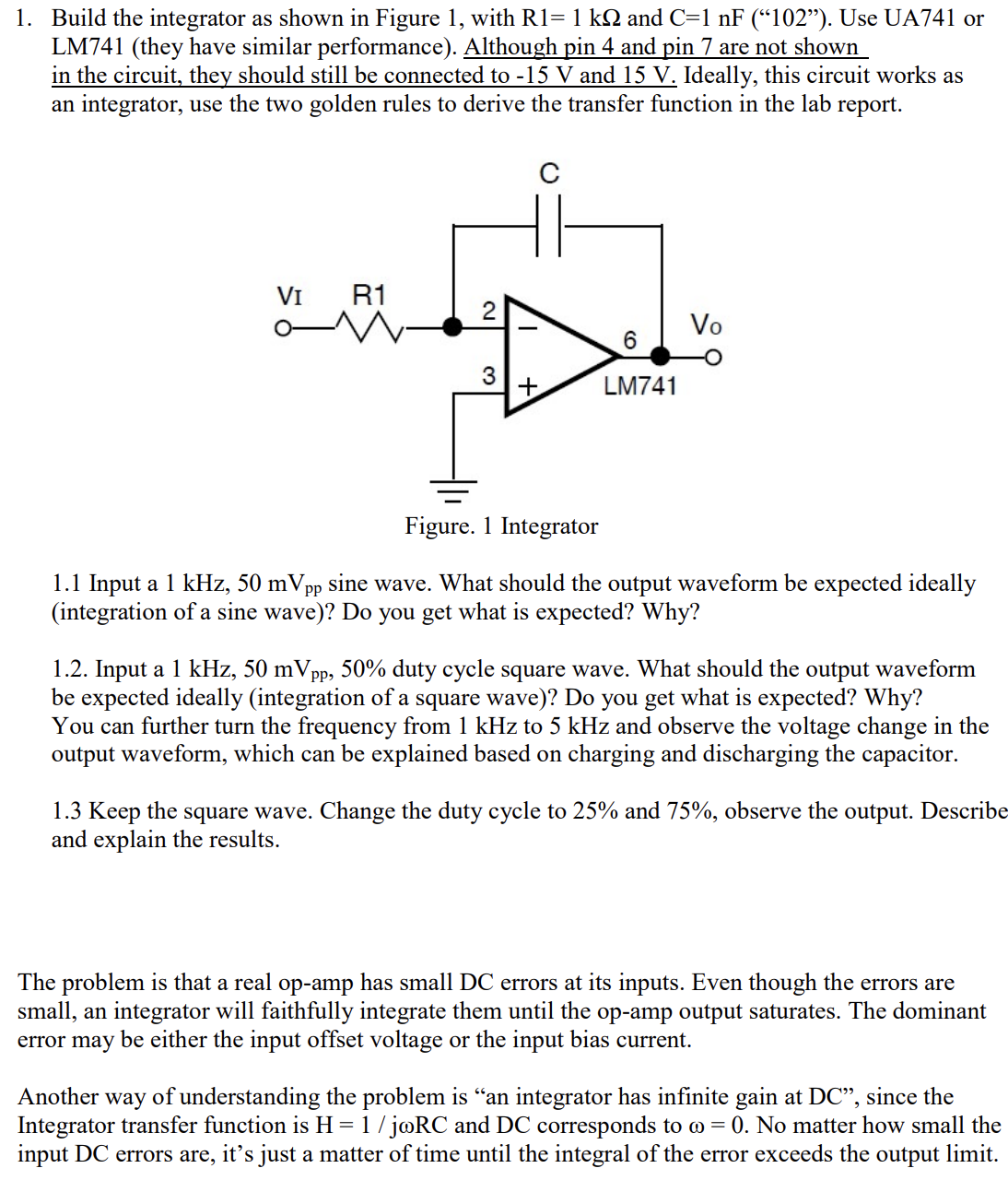 Solved 1. Build the integrator as shown in Figure 1 , with | Chegg.com