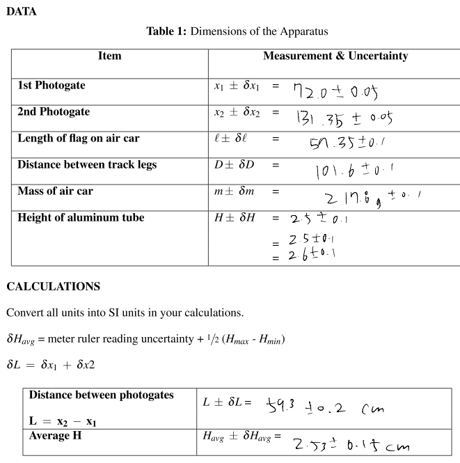 Solved Table 1: Dimensions of the Apparatus CALCULATIONS | Chegg.com