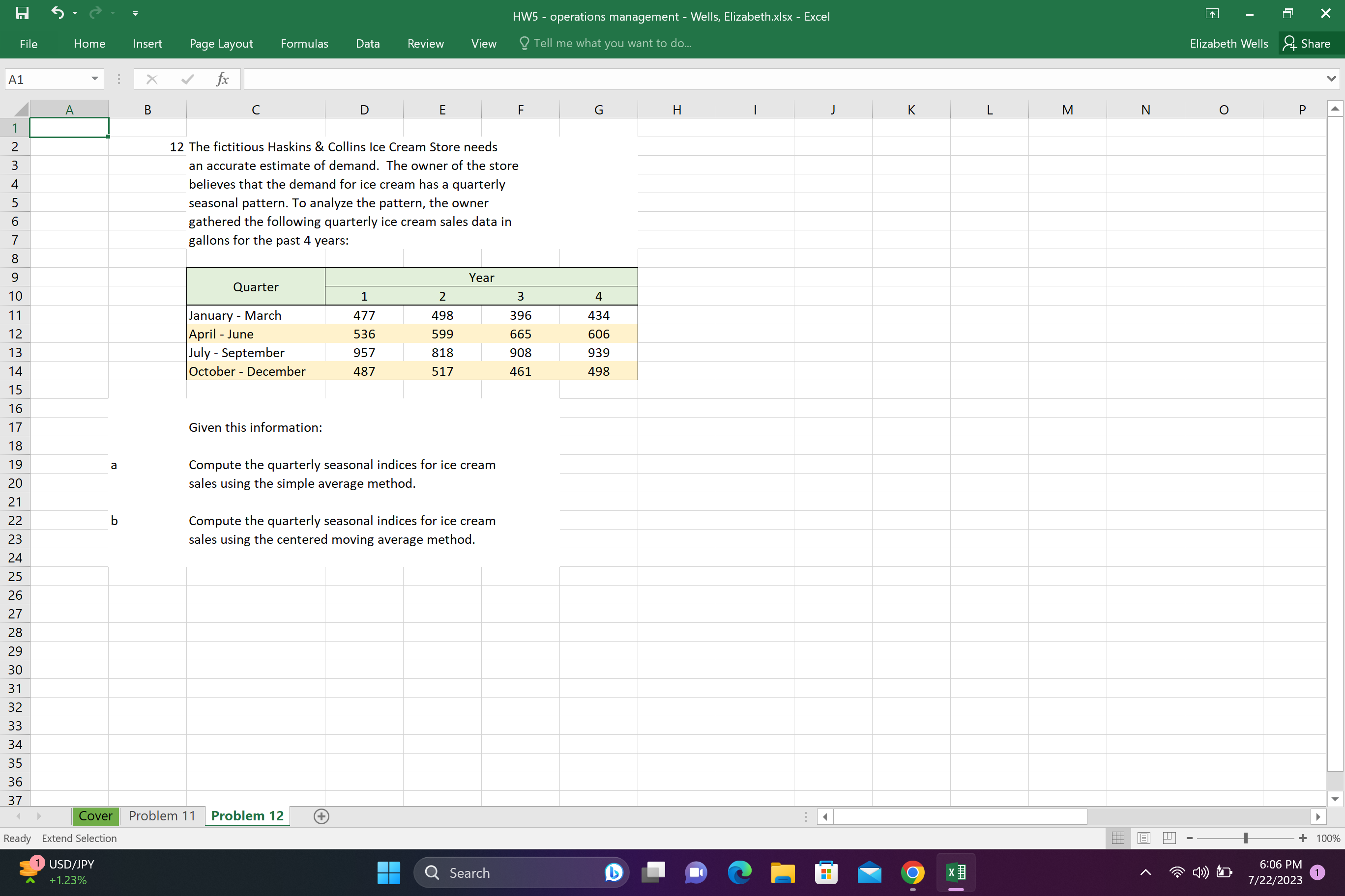 Solved HW5 - operations management - Wells, Elizabeth.xlsx - | Chegg.com