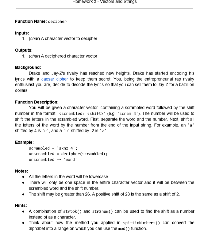 Solved Homework 3 - Vectors and Strings Function Name: | Chegg.com