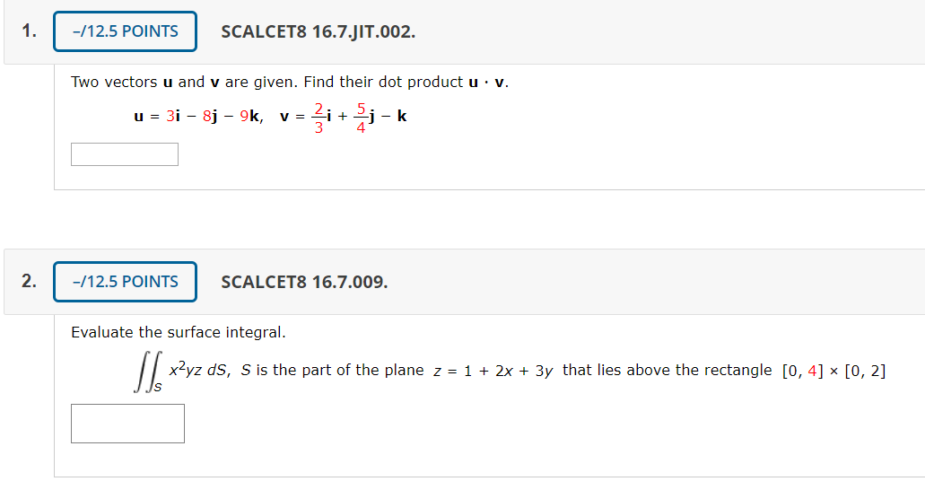 Solved | -/12.5 POINTS SCALCET8 16.7.JIT.002. Two vectors u | Chegg.com