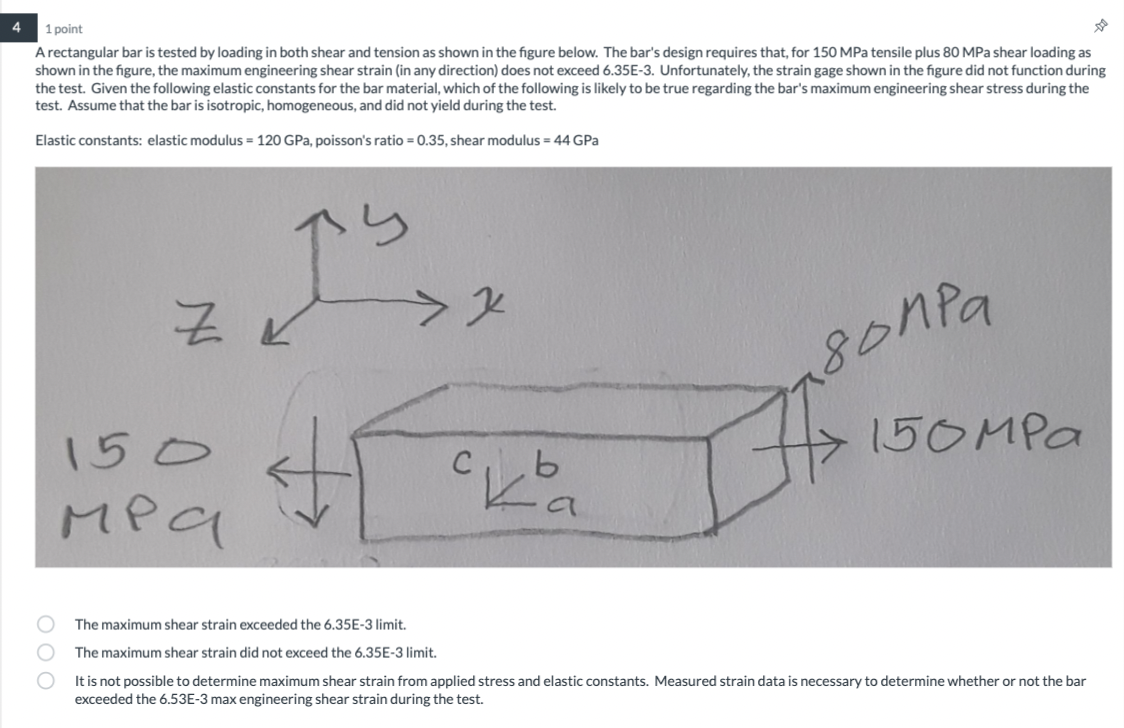 Solved 4 1 point A rectangular bar is tested by loading in | Chegg.com