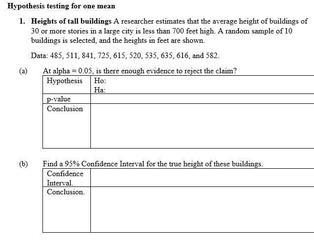 Solved Hypothesis testing for one mean 1. Heights of tall | Chegg.com