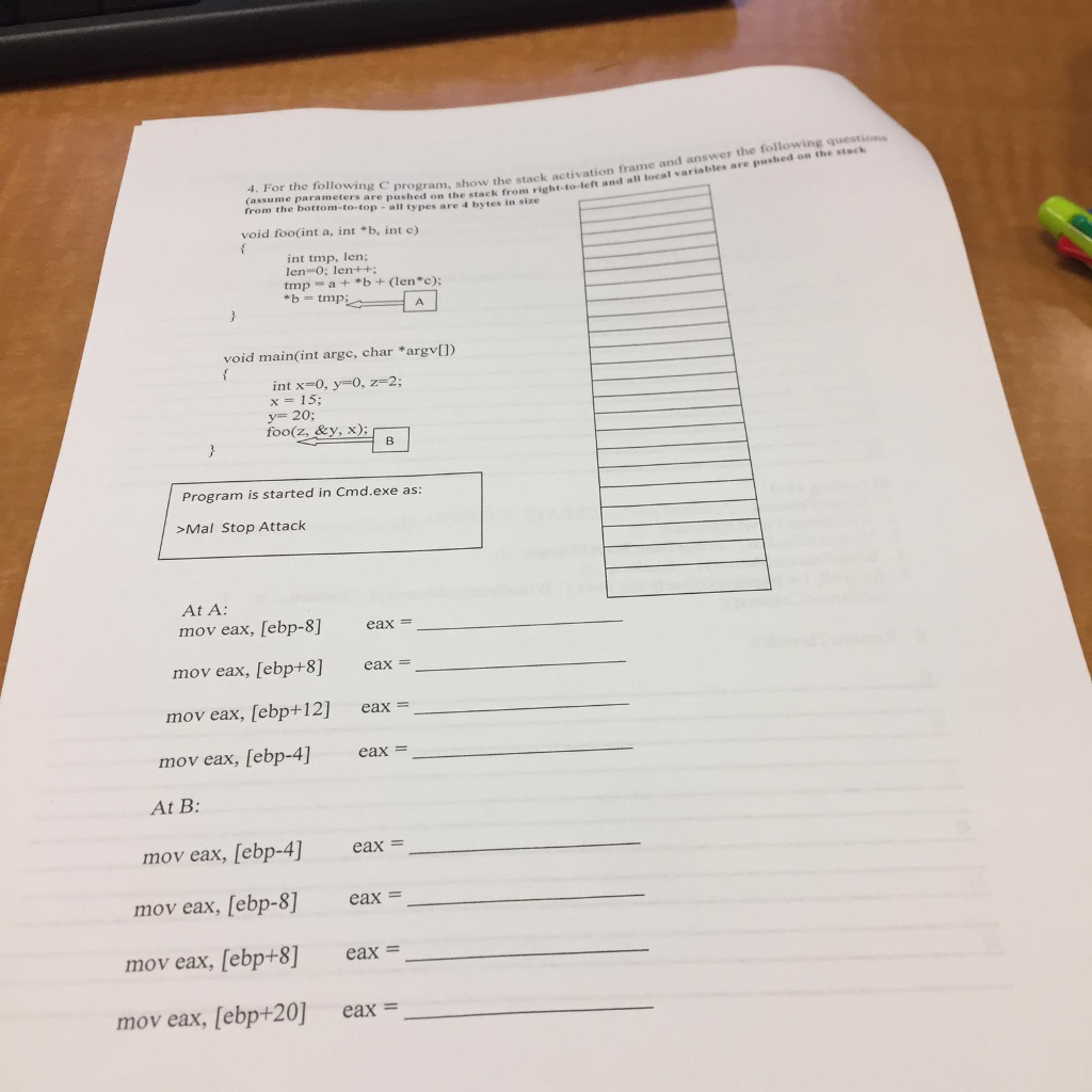 Solved 4. For the following C program, show the stack | Chegg.com