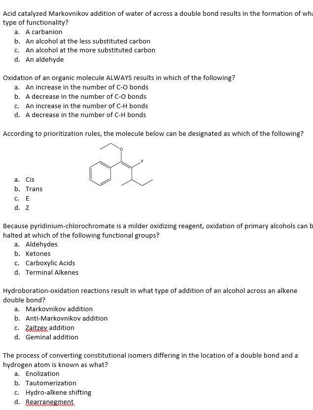 Solved Acid catalyzed Markovnikov addition of water of | Chegg.com
