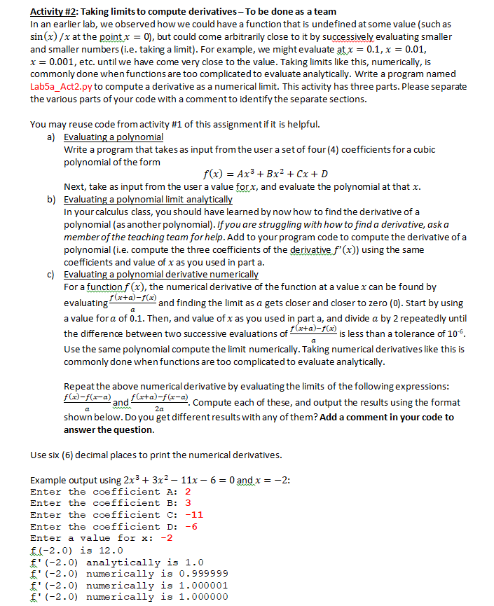 Solved Activity #2: Taking limits to compute derivatives - | Chegg.com