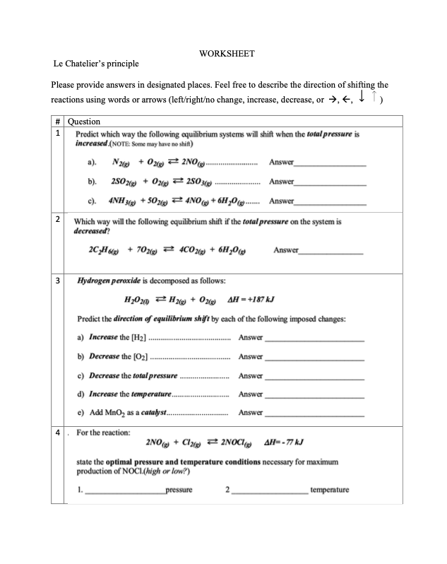 Solved WORKSHEET Le Chatelier's principle Please provide | Chegg.com