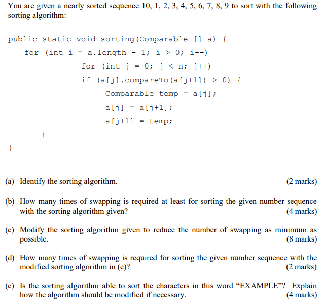 Solved You are given a nearly sorted sequence 10, 1, 2, 3, | Chegg.com