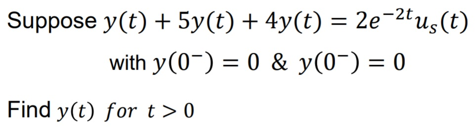 Solved Suppose y(t) + 5y(t) + 4y(t) = 2e-2tus(t) with y(0-) | Chegg.com