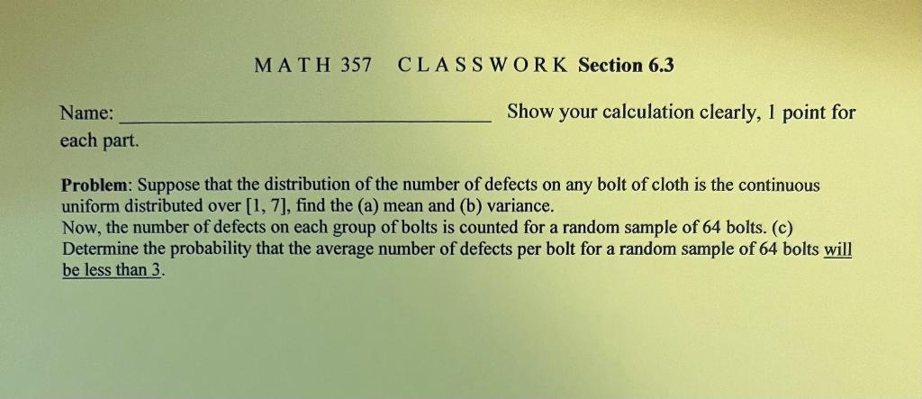 Solved Name: Show your calculation clearly, 1 point for each | Chegg.com