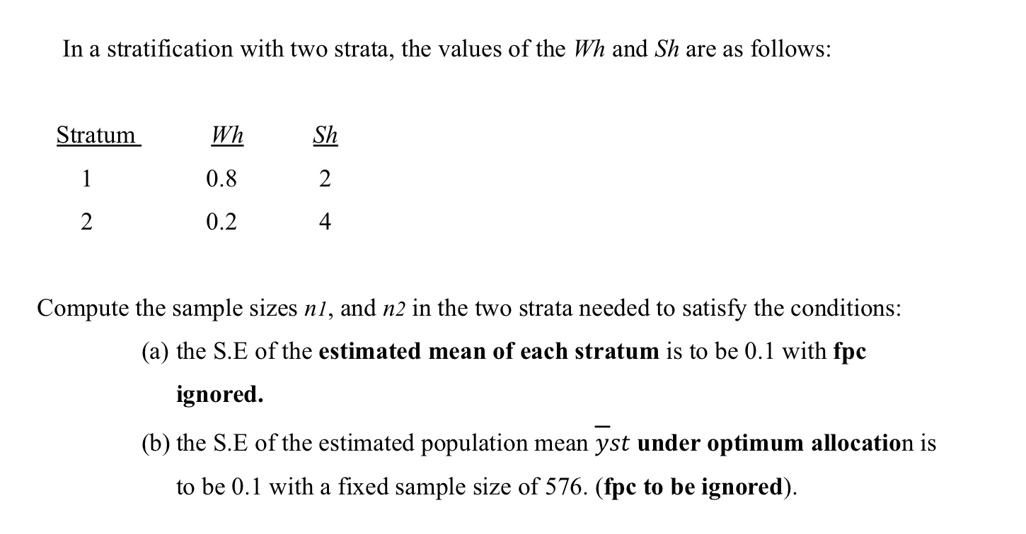 Solved In a stratification with two strata, the values of | Chegg.com
