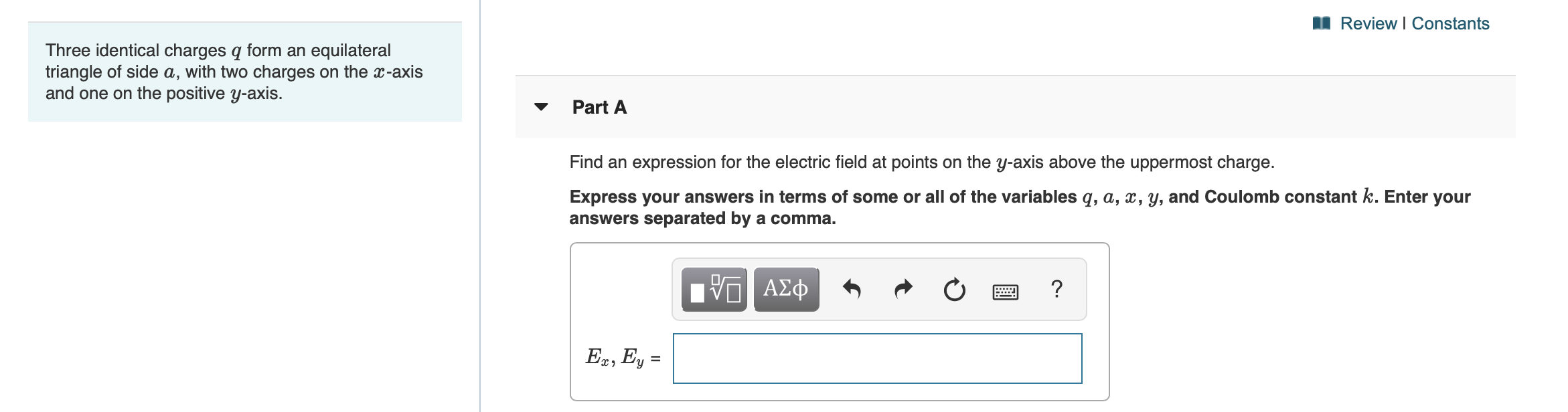 Solved Review | Constants Three identical charges q form an | Chegg.com Solved Review | Constants Three identical charges q form an | Chegg.com