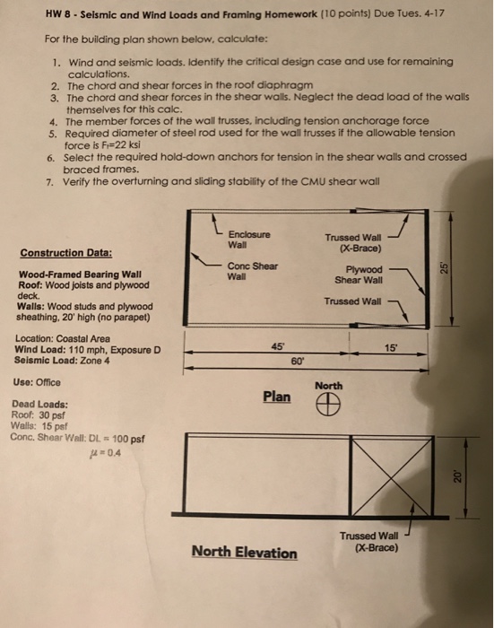 HW 8-Seismic and Wind Loads and Framing Homework (10 | Chegg.com