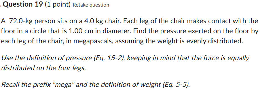 Solved Question 19 (1 point) Retake question A 72.0-kg | Chegg.com