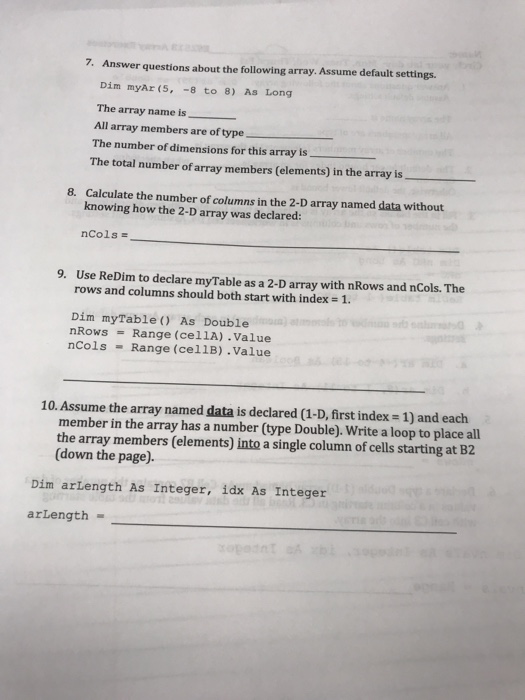 Solved 1. Answer questions about the following array: Dim ar | Chegg.com