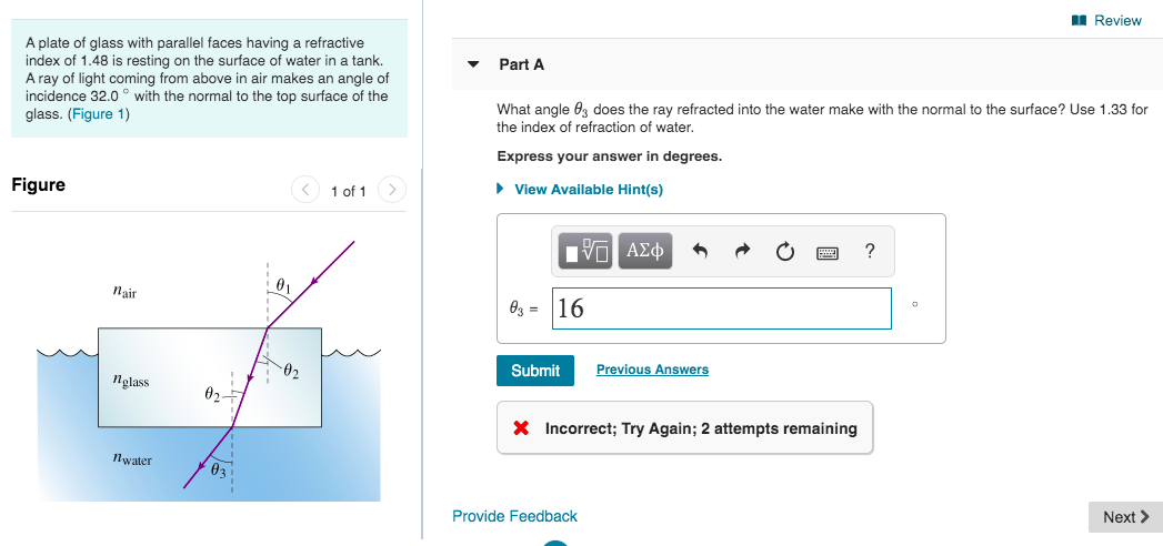 Solved What angle does the ray refract into the water make | Chegg.com