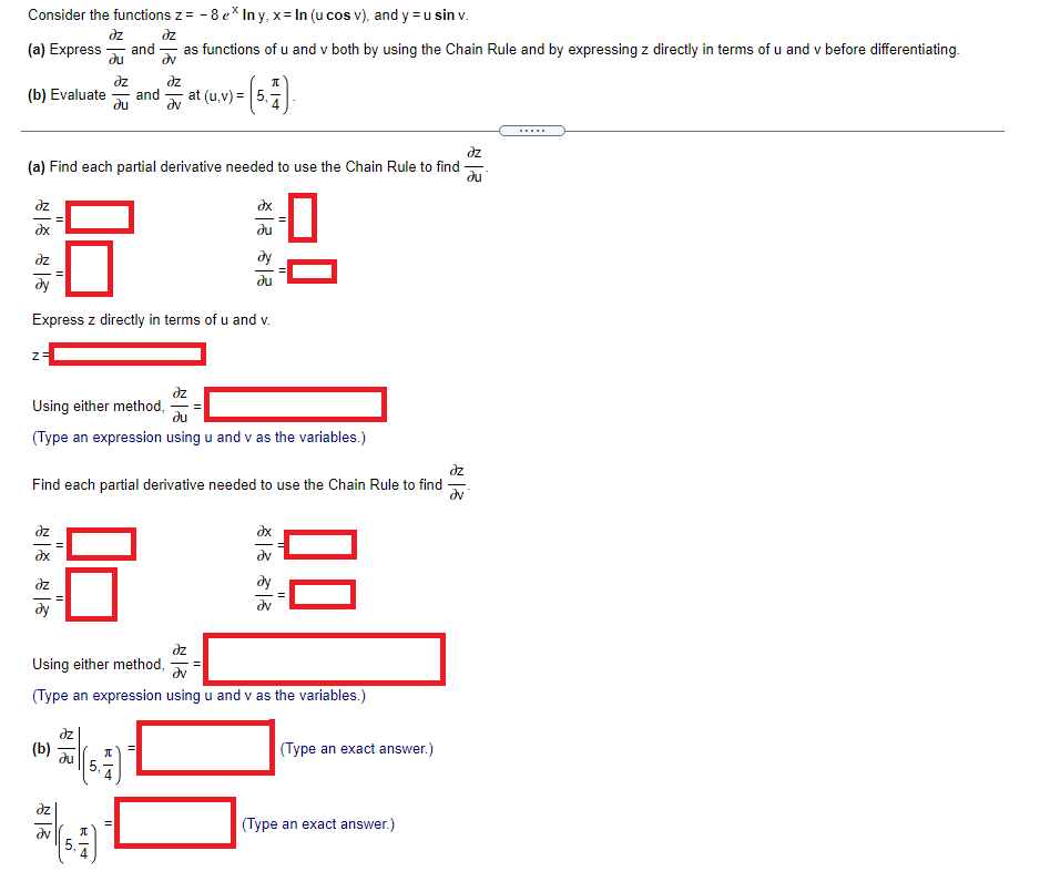 Solved u Consider the functions z= - 8 e* Iny, x = In (u cos | Chegg.com