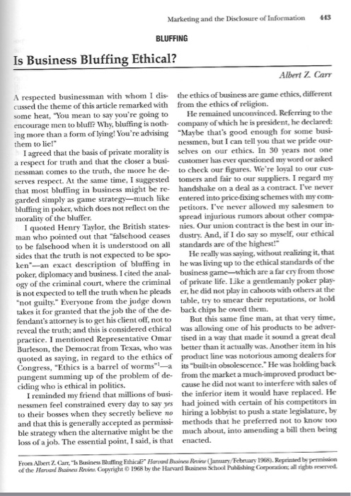 Solved Carr, Is Business Bluffing Ethical? 1. 2. 3, In what | Chegg.com