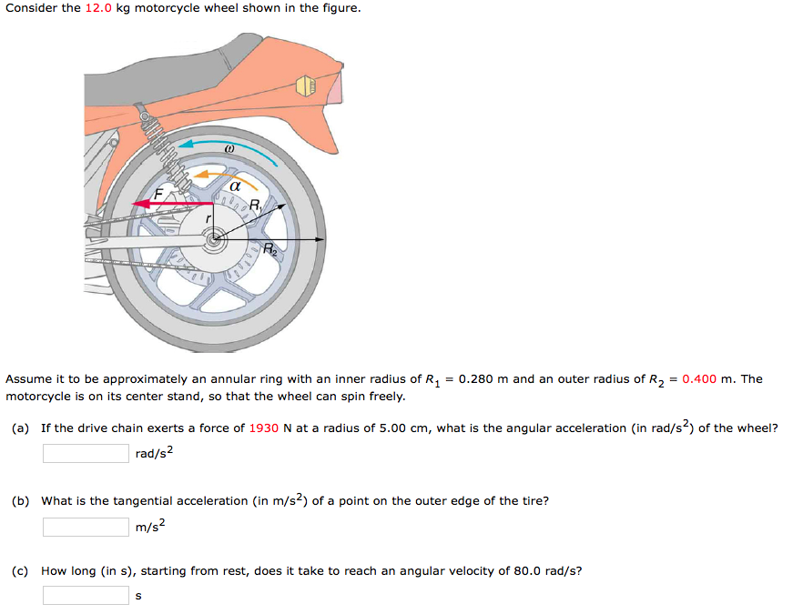 Solved Consider the 12.0 kg motorcycle wheel shown in the | Chegg.com