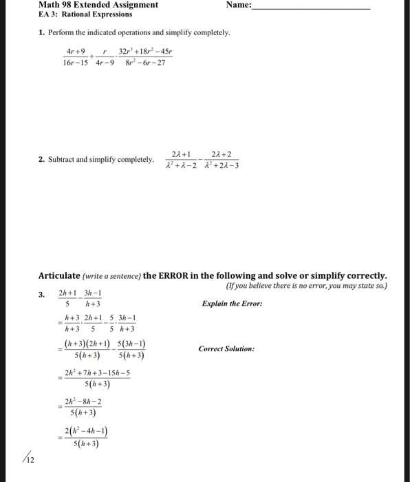 Solved Math 98 Extended Assignment EA 3: Rational | Chegg.com