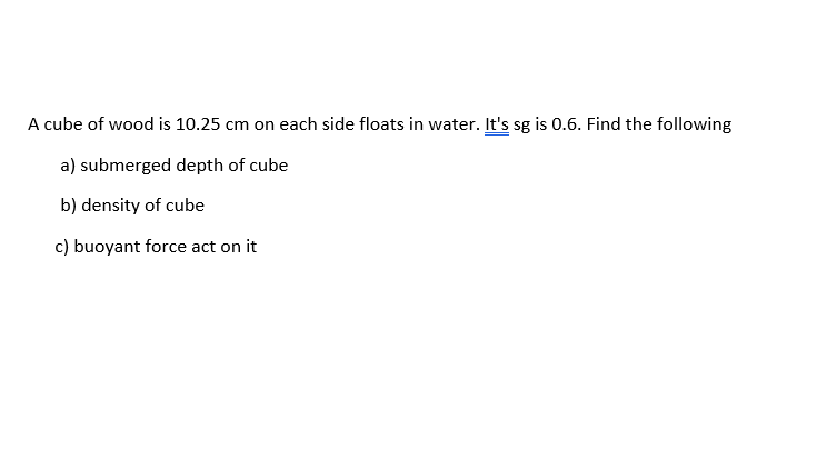 Solved A cube of wood is 10.25 cm on each side floats in | Chegg.com