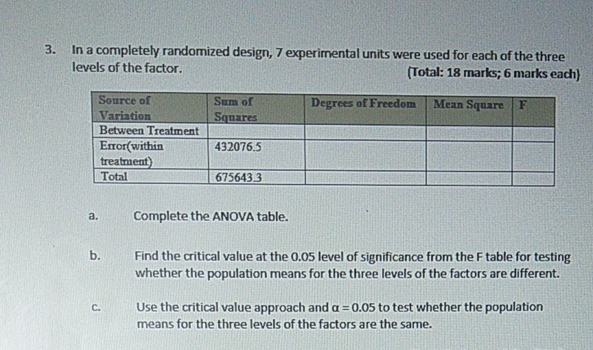 Solved 3. In a completely randomized design, 7 experimental | Chegg.com