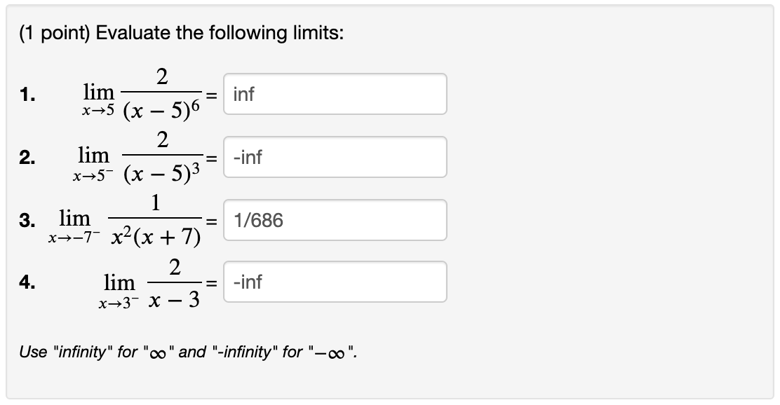 Solved (1 point) Evaluate the following limits: 1. lim - x+5 | Chegg.com