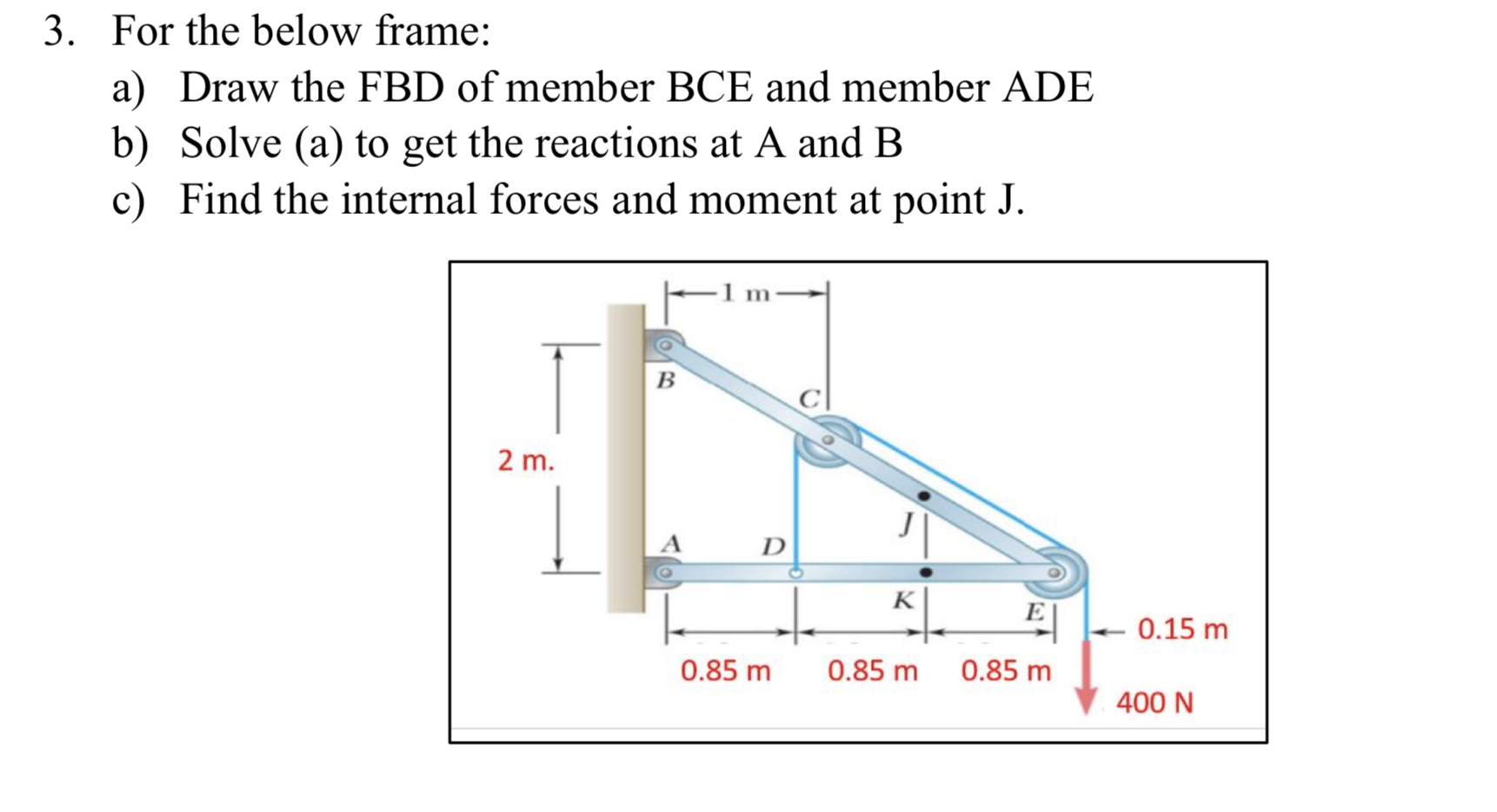 Solved 3. For the below frame: a) Draw the FBD of member BCE | Chegg.com