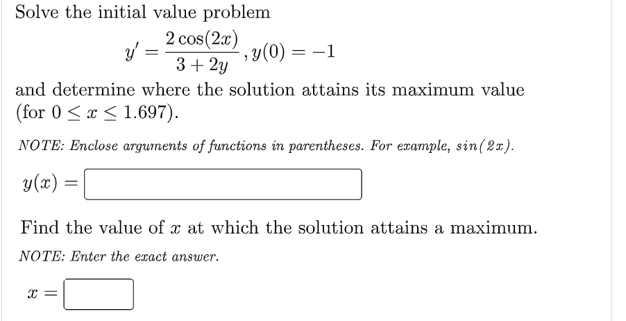 Solved Solve the initial value problem 2 cos(2x) y' = , y(0) | Chegg.com