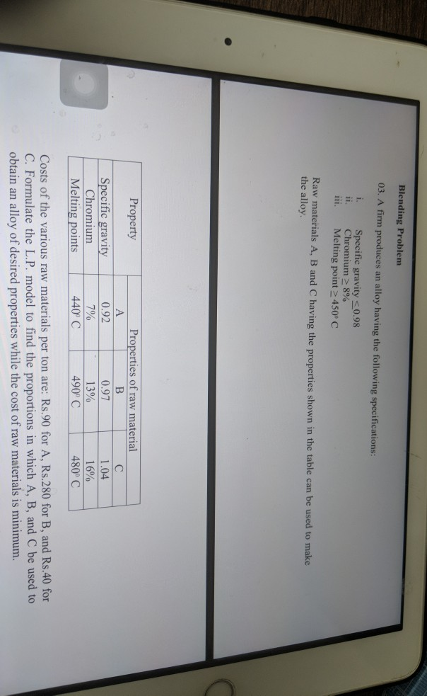 Solved Blending Problem 03. A firm produces an alloy having | Chegg.com