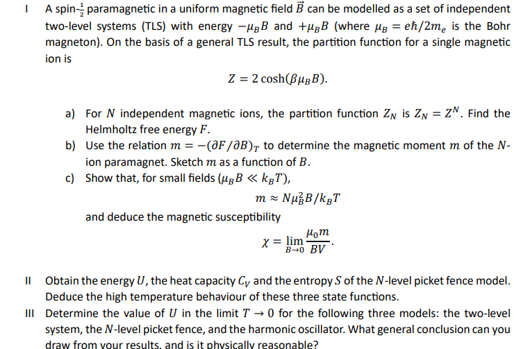 Solved A spin- −21 paramagnetic in a uniform magnetic field | Chegg.com