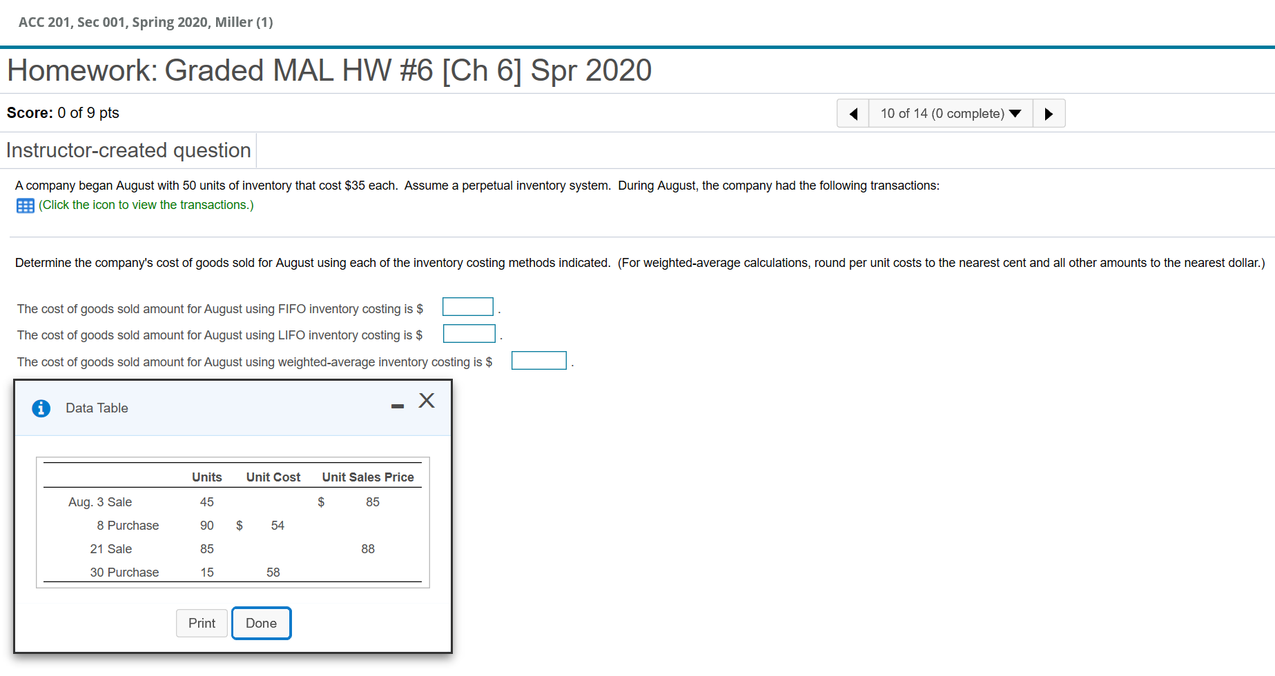 Solved ACC 201, Sec 001, Spring 2020, Miller (1) Homework: | Chegg.com