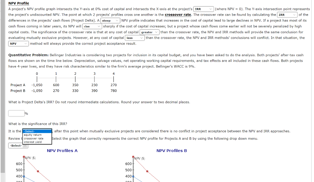 Solved NPV Profile A project's NPV profile graph intersects | Chegg.com