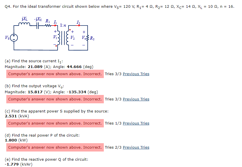 Solved Q4. For the ideal transformer circuit shown below | Chegg.com