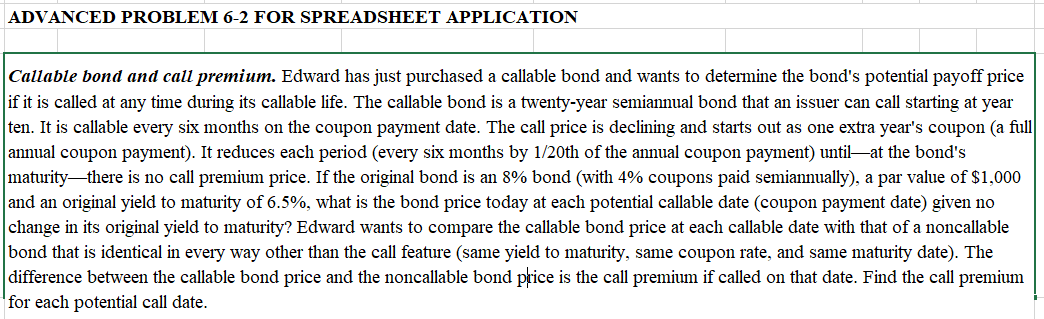 Solved ADVANCED PROBLEM 6-2 FOR SPREADSHEET APPLICATION | Chegg.com