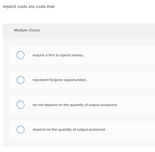 Solved Implicit costs are costs that:Multiple Choicerequire | Chegg.com