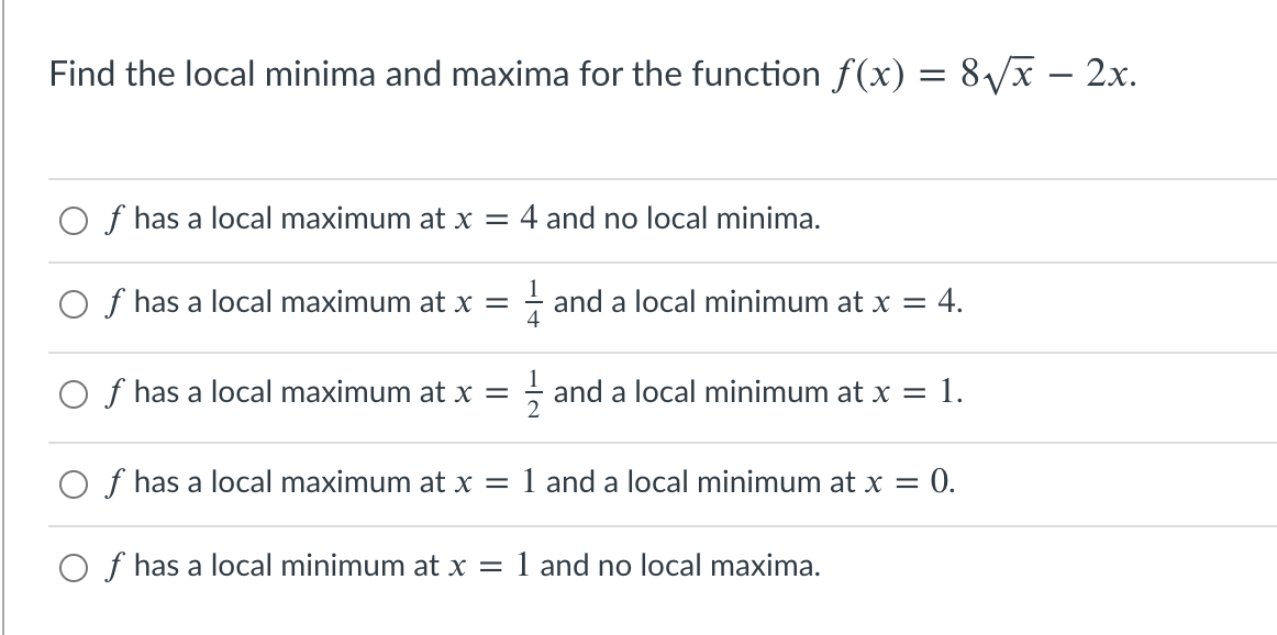 Solved Find the local minima and maxima for the function | Chegg.com