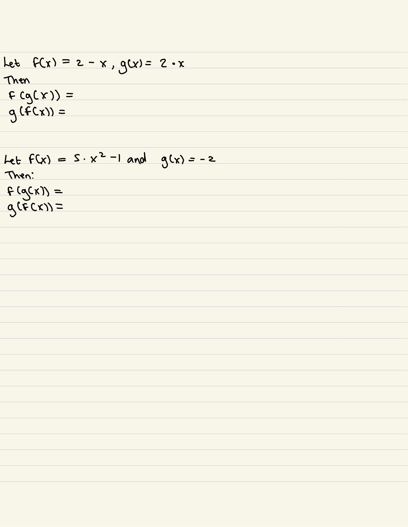 Solved Let f(x)=2-x,g(x)=2*xThenf(g(x))=g(f(x))=Let | Chegg.com