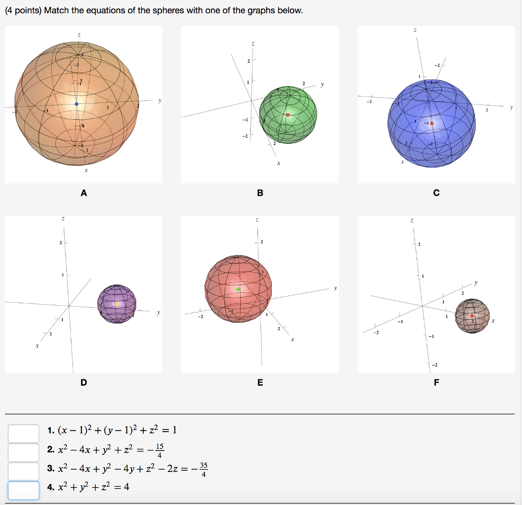 Solved (4 points) Match the equations of the spheres with | Chegg.com