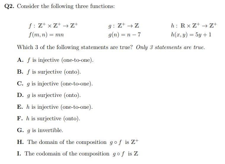 Solved Q2. Consider the following three functions: f: Z+ x | Chegg.com