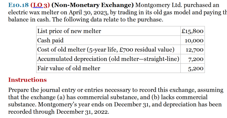 Solved E10.18 (LO 3) (Non-Monetary Exchange) Montgomery Ltd. | Chegg.com