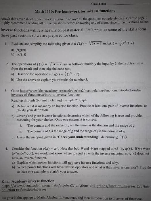 Solved Class Time: Math 1110: Pre-homework for inverse | Chegg.com