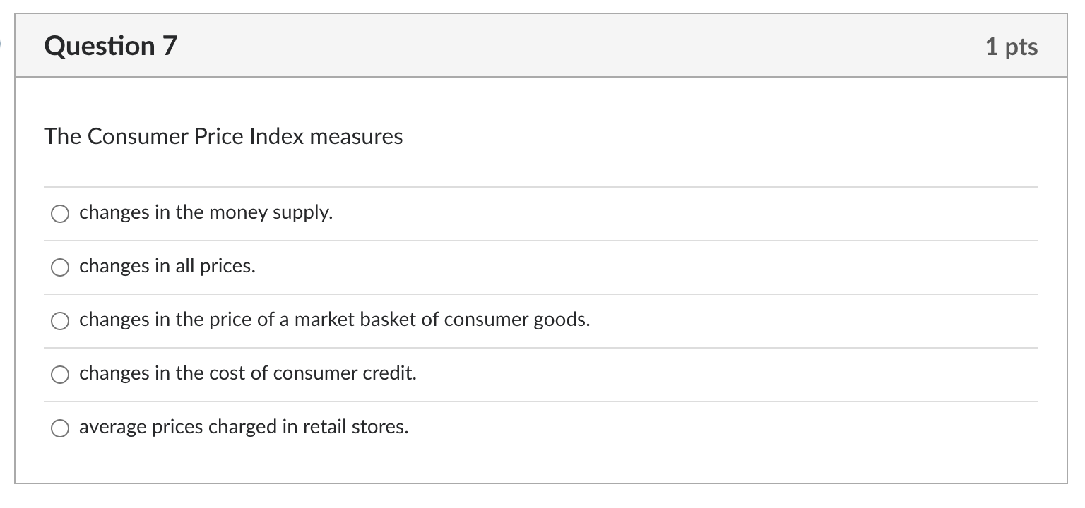 Solved Question 7 1 pts The Consumer Price Index measures | Chegg.com