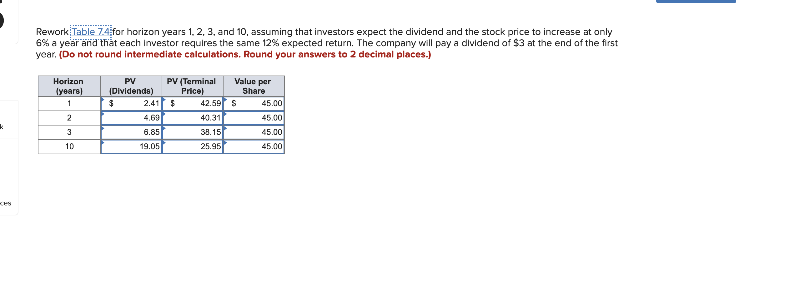 Solved Rework Table 7.4 for horizon years 1, 2, 3, and 10, | Chegg.com